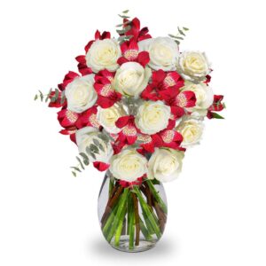 Bouquet of Roses and Alstroemerias with Greens- Fresh Flowers- White and Red