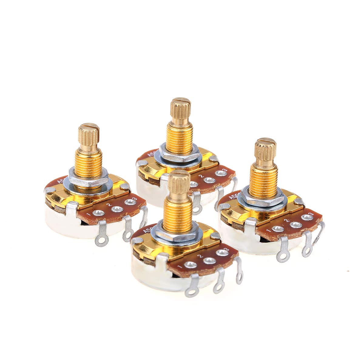 Musiclily Pro Brass Shaft Full Metric Size A500K Guitar Pots Audio Taper Potentiometers for Electric Guitar/Bass (Set of 4)