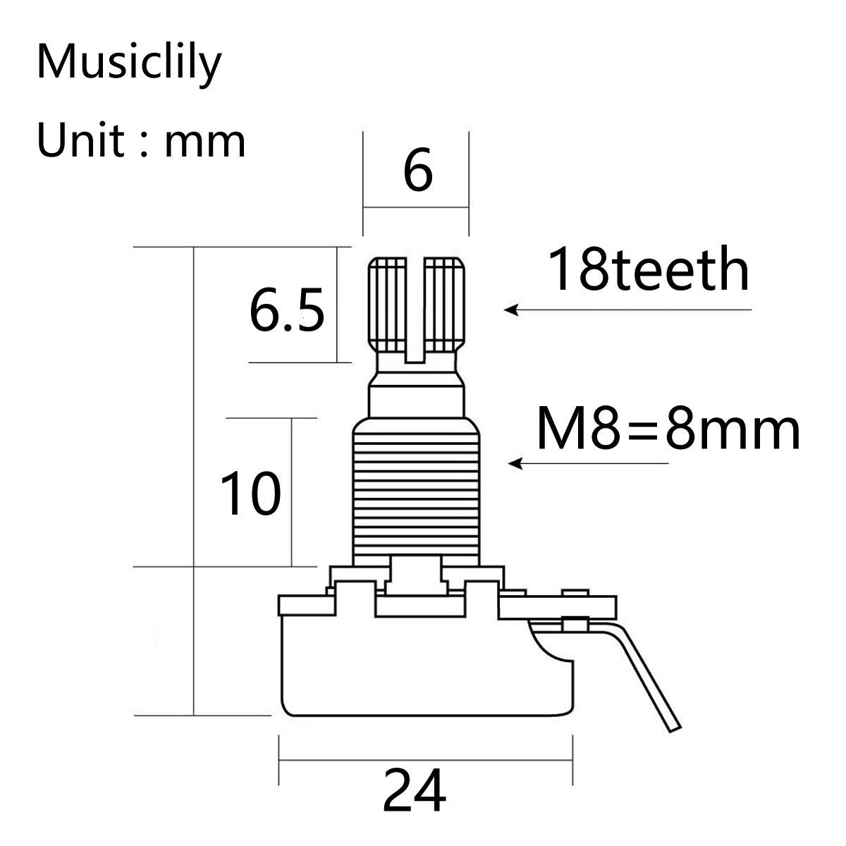 Musiclily Pro Brass Shaft Full Metric Size A500K Guitar Pots Audio Taper Potentiometers for Electric Guitar/Bass (Set of 4)