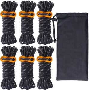 hikeman 6 pack 4mm outdoor guy lines tent cords lightweight camping rope with aluminum guylines adjuster tensioner pouch for tent tarp, canopy shelter, camping, hiking, backpacking (black)