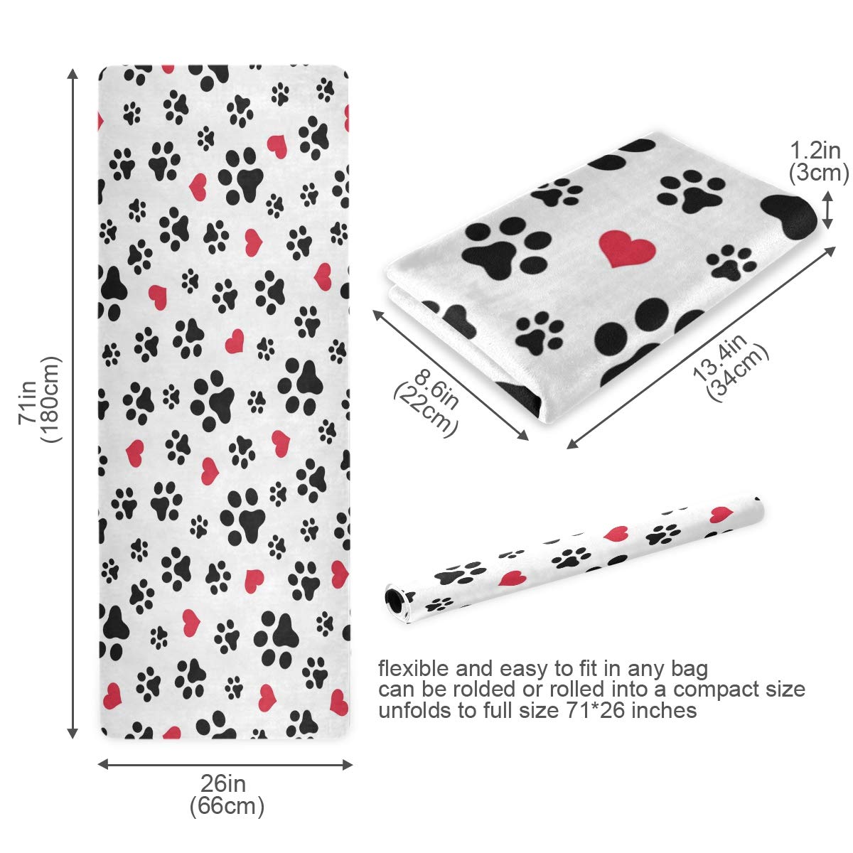 Qilmy Dog Cat Paw Print Yoga Mat | 1mm Extra Thin 71“ Long Non Slip Workout & Fitness Mat with Storage Bag for Yoga, Pilates & Floor Exercises