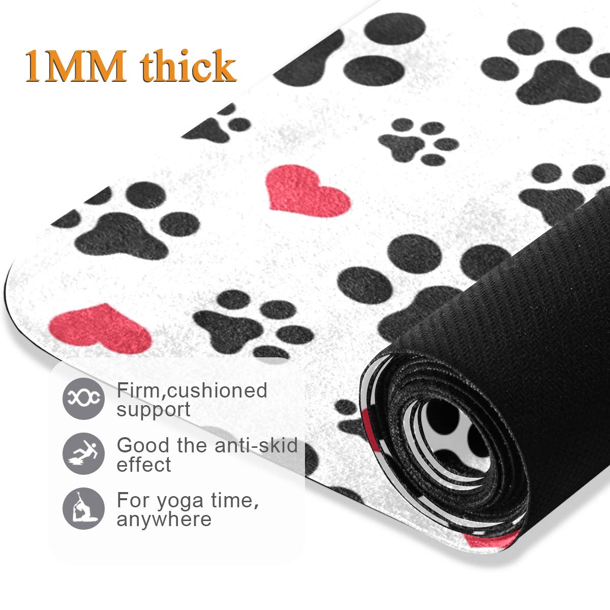 Qilmy Dog Cat Paw Print Yoga Mat | 1mm Extra Thin 71“ Long Non Slip Workout & Fitness Mat with Storage Bag for Yoga, Pilates & Floor Exercises