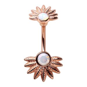 pierced owl 14g rose gold plated stainless steel synthetic opal palm leaves belly button ring