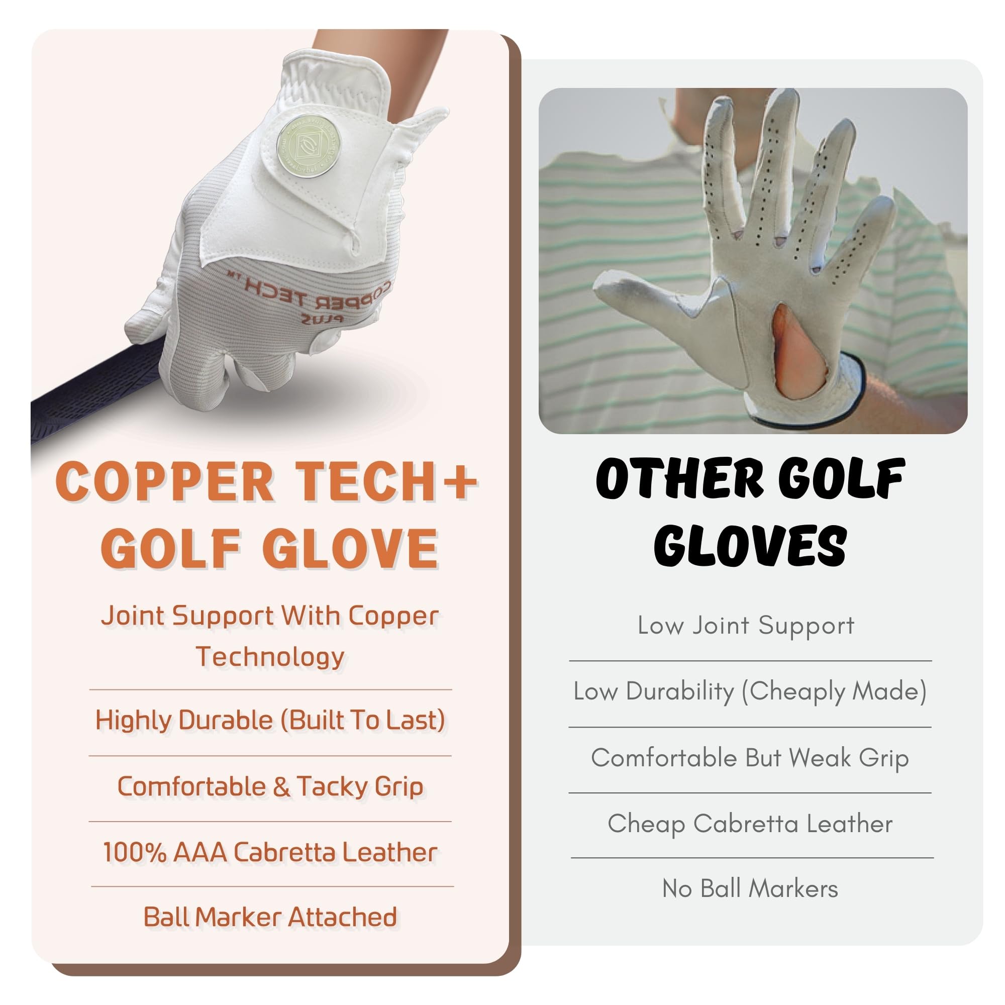 Copper Tech Plus Women's Golf Gloves with Ball Marker - Ladies Golf Gloves with 100% AAA Synthetic Leather - Wrist Support & Breathability - Golf Gloves Right Handed Golfer (Hand Orientation: Left)