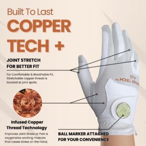 Copper Tech Plus Women's Golf Gloves with Ball Marker - Ladies Golf Gloves with 100% AAA Synthetic Leather - Wrist Support & Breathability - Golf Gloves Right Handed Golfer (Hand Orientation: Left)