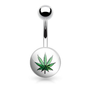 14g stainless steel inlaid clear epoxy picture logo belly button ring (green pot leaf)