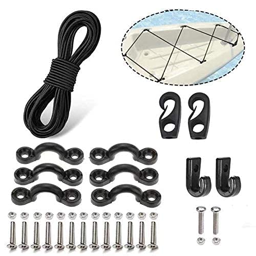 PERCARE Premium Kayak Bungee Cord Deck Rigging Kit 8 Feet Black with Screws and 2 J-Hooks, Boat Canoe Accessory Outfitting Fishing Storage Bungee Kit Tie Down Pad Eye with Screw and Lashing Hook