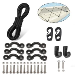 PERCARE Premium Kayak Bungee Cord Deck Rigging Kit 8 Feet Black with Screws and 2 J-Hooks, Boat Canoe Accessory Outfitting Fishing Storage Bungee Kit Tie Down Pad Eye with Screw and Lashing Hook