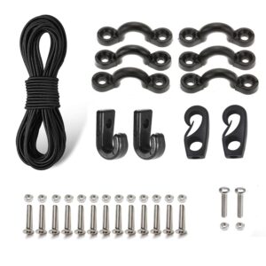 PERCARE Premium Kayak Bungee Cord Deck Rigging Kit 8 Feet Black with Screws and 2 J-Hooks, Boat Canoe Accessory Outfitting Fishing Storage Bungee Kit Tie Down Pad Eye with Screw and Lashing Hook