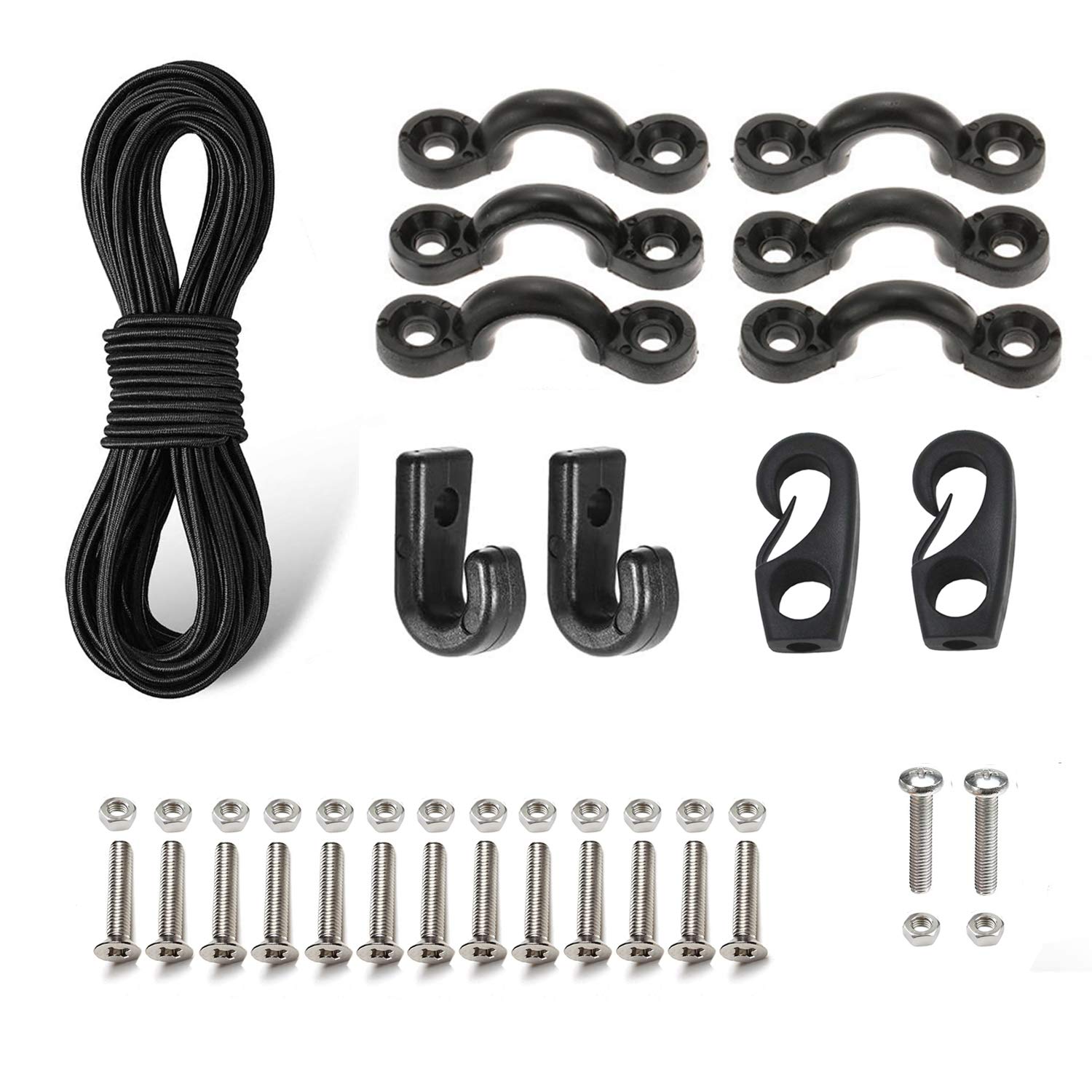 PERCARE Premium Kayak Bungee Cord Deck Rigging Kit 8 Feet Black with Screws and 2 J-Hooks, Boat Canoe Accessory Outfitting Fishing Storage Bungee Kit Tie Down Pad Eye with Screw and Lashing Hook