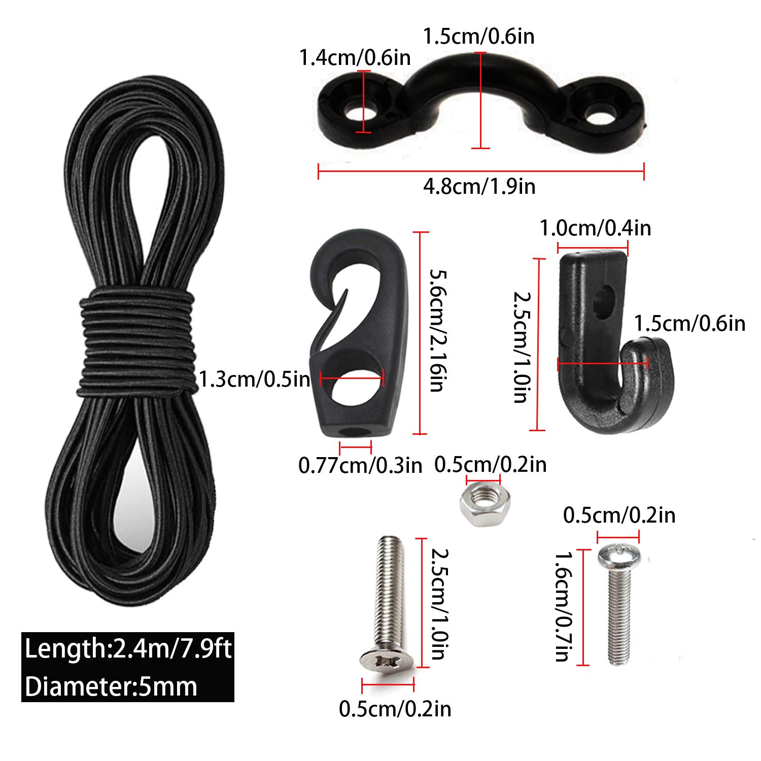 PERCARE Premium Kayak Bungee Cord Deck Rigging Kit 8 Feet Black with Screws and 2 J-Hooks, Boat Canoe Accessory Outfitting Fishing Storage Bungee Kit Tie Down Pad Eye with Screw and Lashing Hook