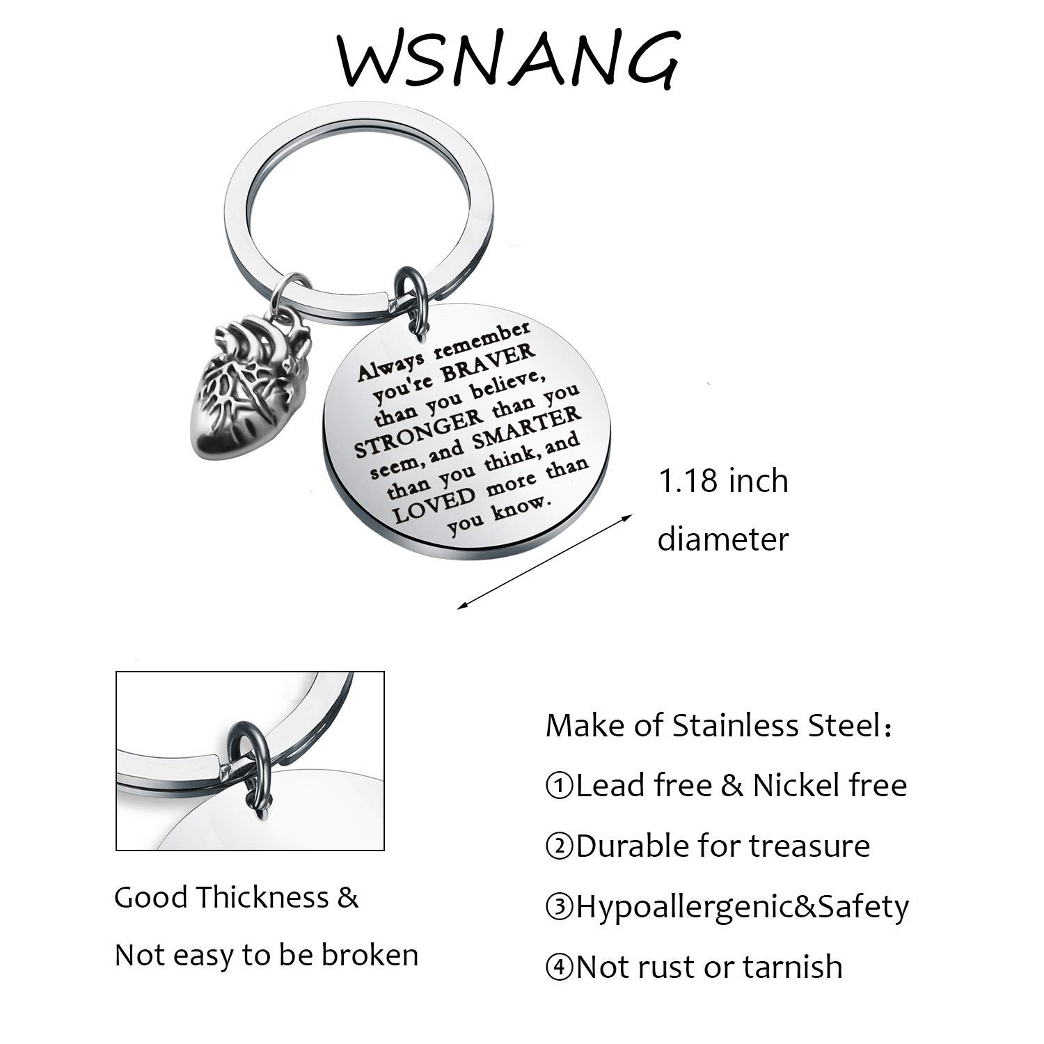 WSNANG Anatomical Heart Keychain Braver Stronger Smarter Than You Think Keychain Anatomy Cardiologist Gift (Anatomical Keychain)