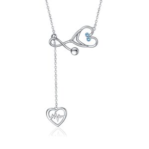 yfn sterling silver stethoscope jewelry heartbeat ekg adjustable lariat y necklace for women doctor nurse gift