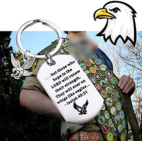 BEKECH Scout Gift Eagle Isaiah 40:31 Keychain But Those who Hope in The Lord Will Renew Their Strength Scout Gift Cub Scout Gift Christian Inspirational Gift for Scout (silver)