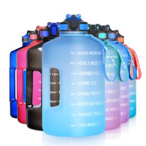 sluxke gallon water bottle with time marker bpa free, 128oz huge sports water bottle with handle and straw leak proof, one click open big water jug blue blue