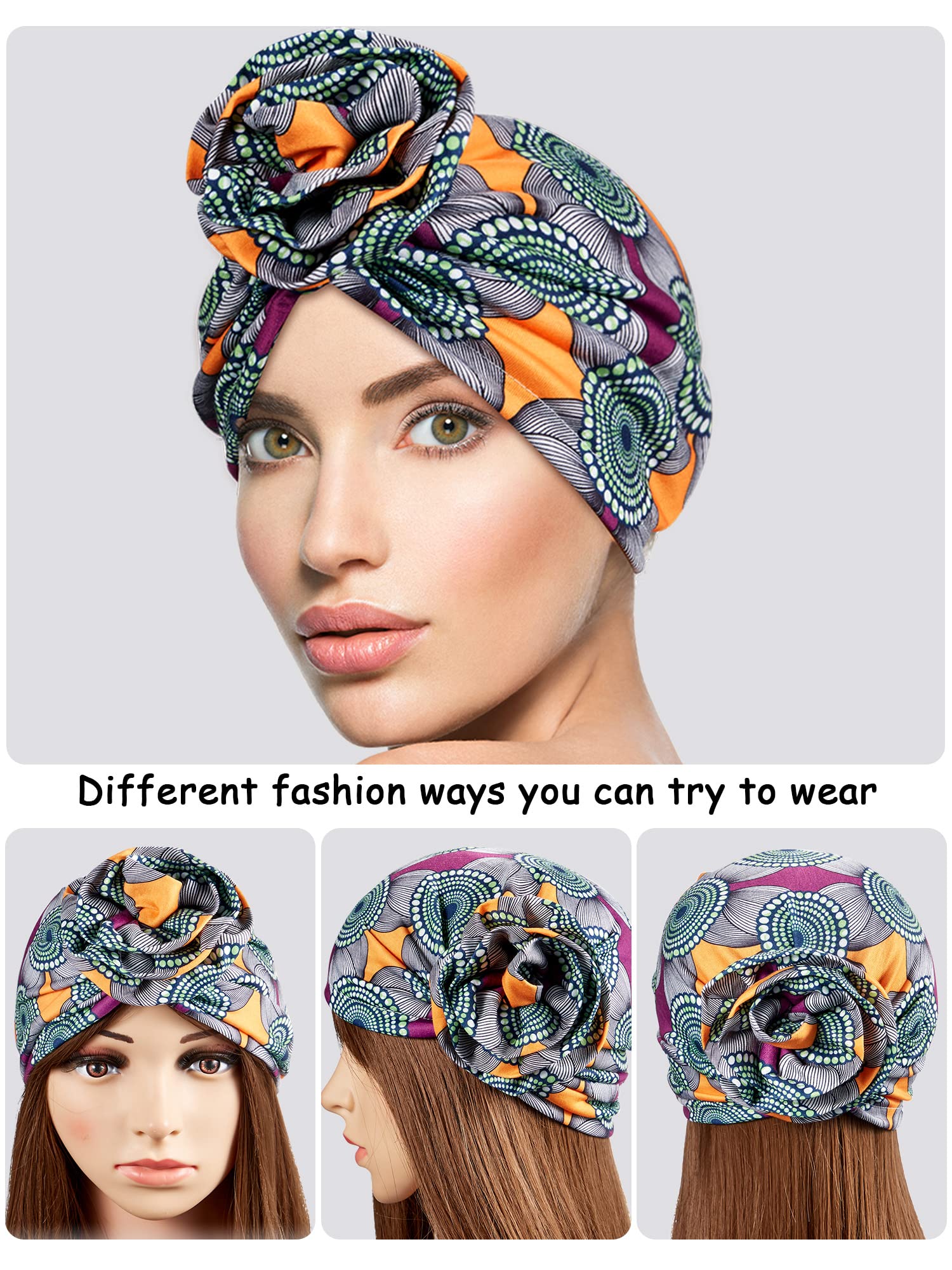 SATINIOR 6 Pieces Women Turban Flower African Pattern Headwrap Sleep Beanie Pre-Tied Bonnet Elastic Knot Cap