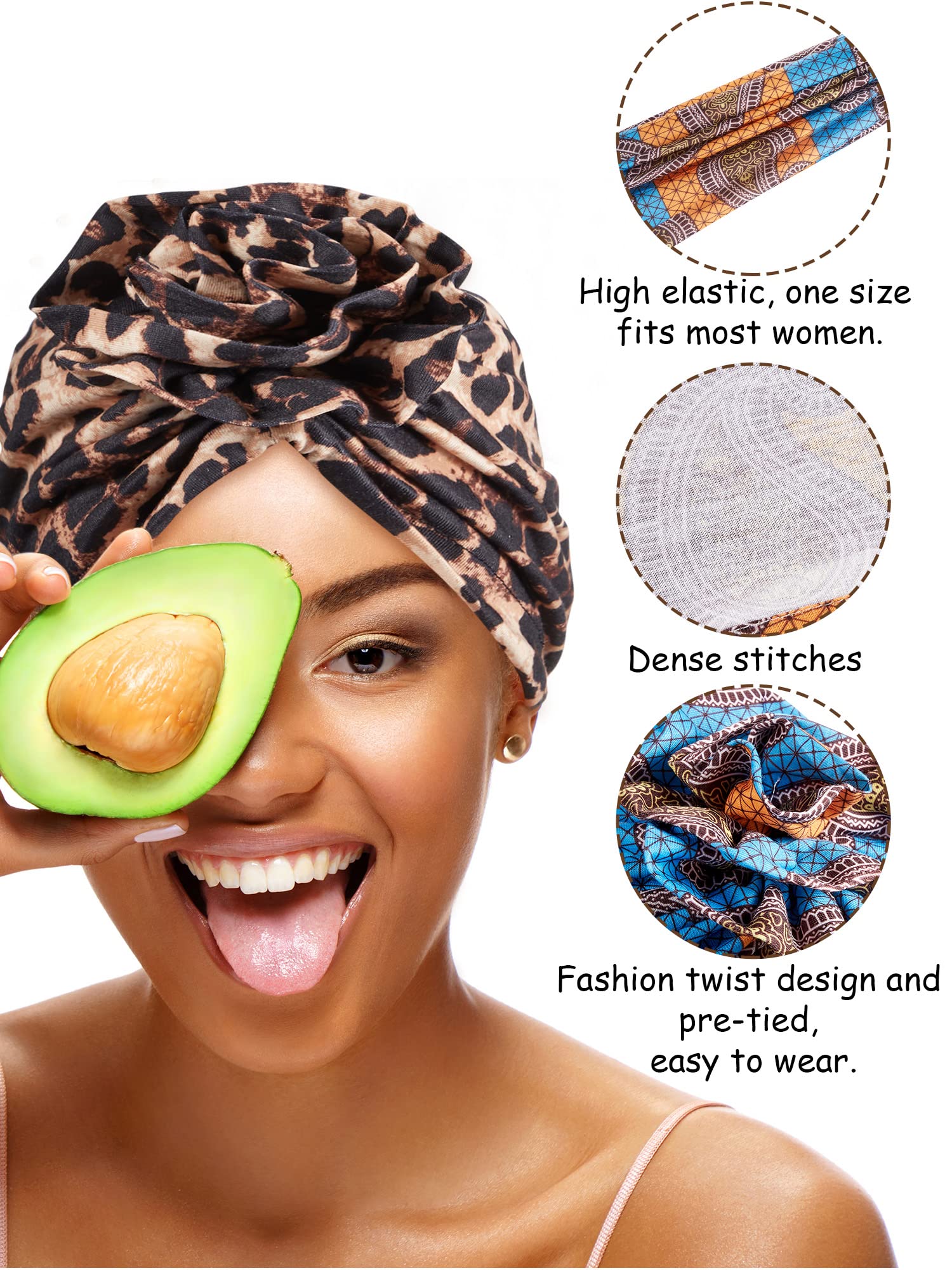 SATINIOR 6 Pieces Women Turban Flower African Pattern Headwrap Sleep Beanie Pre-Tied Bonnet Elastic Knot Cap