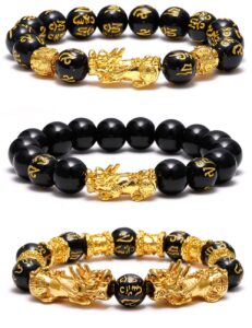 soowoot 3pcs feng shui black obsidian bracelets set - good luck amulet dragon lucky charm pi xiu pi yao attract wealthy bracelets for women men