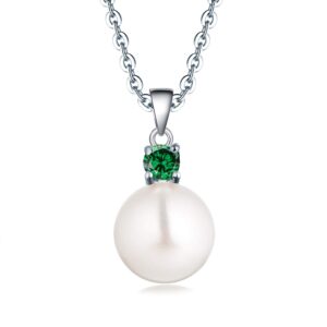 jo wisdom pearl necklace,925 sterling silver cubic zirconia 10mm white freshwater pearl pendant necklace,created emerald may birthstone jewelry for women