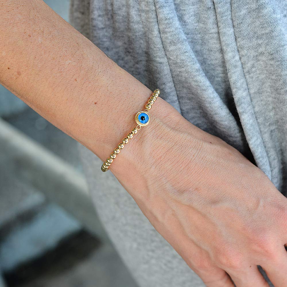 Anela 14kt Gold Filled Evil Eye Pendant Bracelet, Good Luck Eye, Stretch and Stackable Bracelet, Good Luck Eye, Blue Eye Bracelet, Hand Made in USA