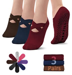 newzill yoga socks for women non-slip grips & straps, ideal for pilates, pure barre, ballet, dance, barefoot workout (3 pairs-red/blue/brown)