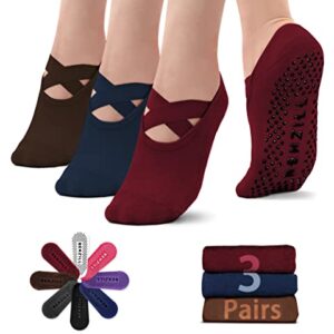 NEWZILL Yoga Socks for Women Non-Slip Grips & Straps, Ideal for Pilates, Pure Barre, Ballet, Dance, Barefoot Workout (3 Pairs-Red/Blue/Brown)