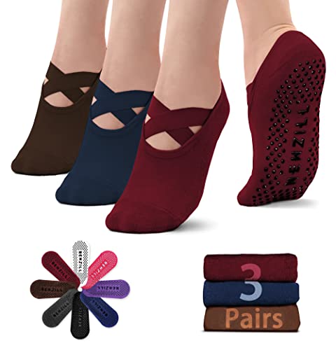 NEWZILL Yoga Socks for Women Non-Slip Grips & Straps, Ideal for Pilates, Pure Barre, Ballet, Dance, Barefoot Workout (3 Pairs-Red/Blue/Brown)