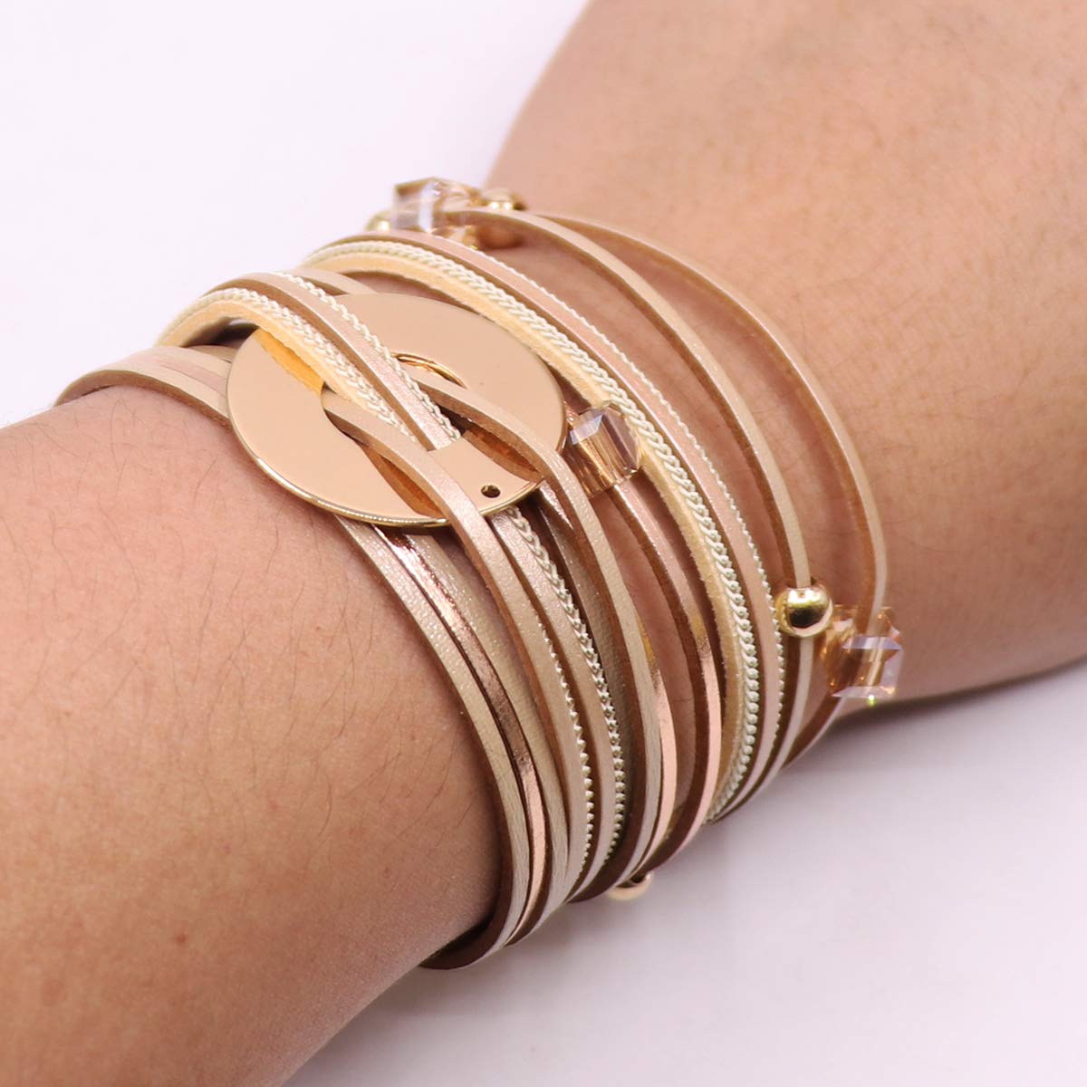 KSQS Multi-layer Leather Wrap Cuff Bracelet, Boho Wide Braided Buckle Bracelets for Women, Waterproof Leather Wristband Bangles