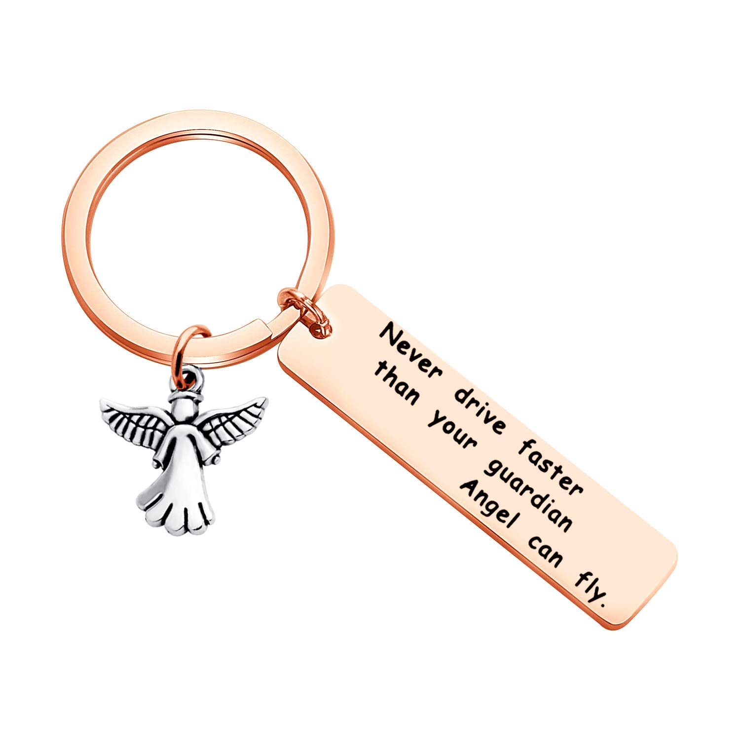 PLITI Never Drive Faster Than Your Guardian Angel Can Fly Keychain Guardian Angel New Driver Driving License Key Chain Father’s Day Gift (ECI Never drive RG)