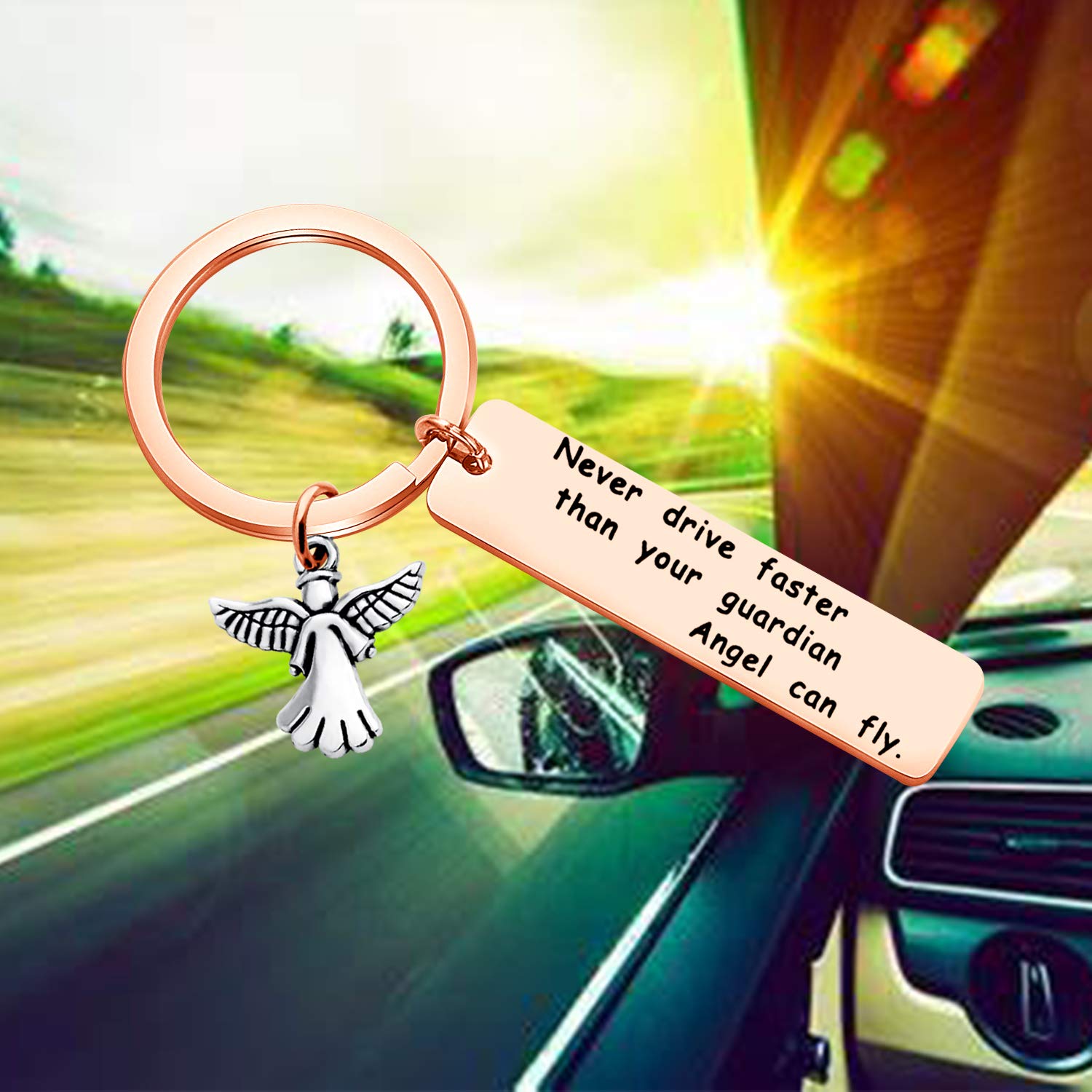 PLITI Never Drive Faster Than Your Guardian Angel Can Fly Keychain Guardian Angel New Driver Driving License Key Chain Father’s Day Gift (ECI Never drive RG)