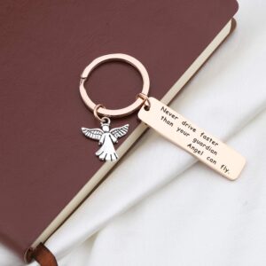 PLITI Never Drive Faster Than Your Guardian Angel Can Fly Keychain Guardian Angel New Driver Driving License Key Chain Father’s Day Gift (ECI Never drive RG)