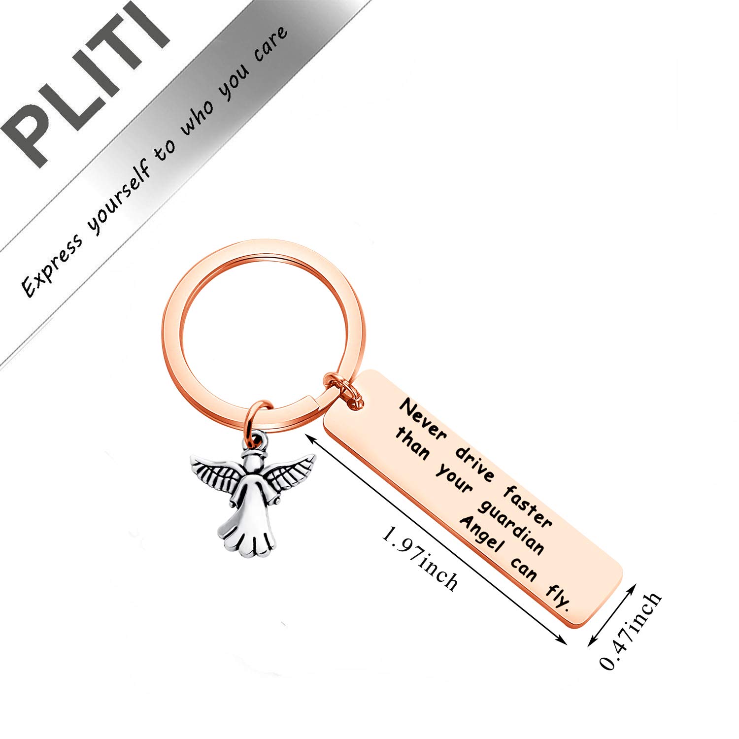 PLITI Never Drive Faster Than Your Guardian Angel Can Fly Keychain Guardian Angel New Driver Driving License Key Chain Father’s Day Gift (ECI Never drive RG)