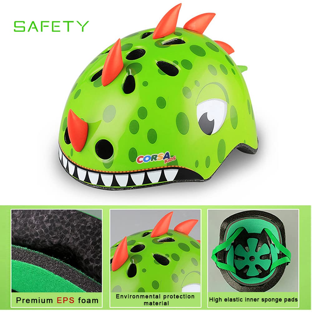 Kids Bike Helmet,Lovely Green Dinosaur Kids Helmet Ages 2-5 Years Old Boys Girls Sports Helmet for Balance car, trikes, Scooters, Bike and Other Outdoor Sports