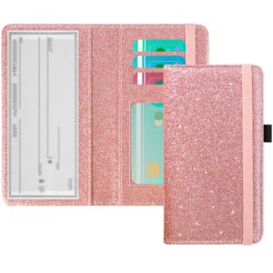 acdream checkbook cover, leather rfid blocking check book wallet, protective premium business and personal duplicate checks holder, with credit card slot for women men, glitter rose gold