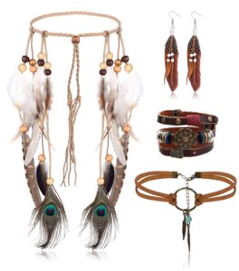 jstyle jewelry set for women, feather headdress dangle earrings leather suede choker necklace bracelet hippie bohemian retro jewelry a