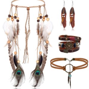 Jstyle Jewelry Set for Women, Feather Headdress Dangle Earrings Leather Suede Choker Necklace Bracelet Hippie Bohemian Retro Jewelry A