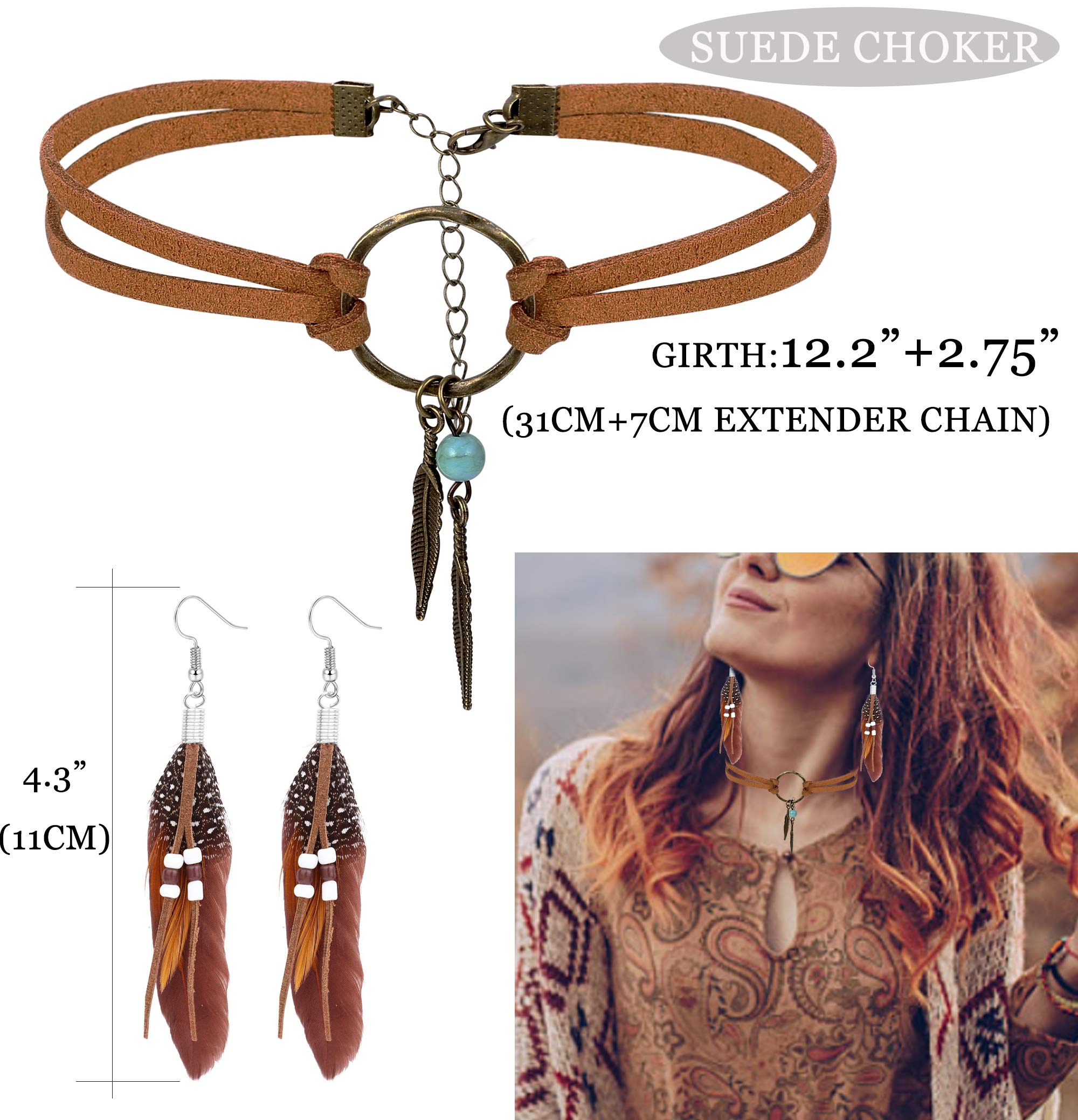 Jstyle Jewelry Set for Women, Feather Headdress Dangle Earrings Leather Suede Choker Necklace Bracelet Hippie Bohemian Retro Jewelry A