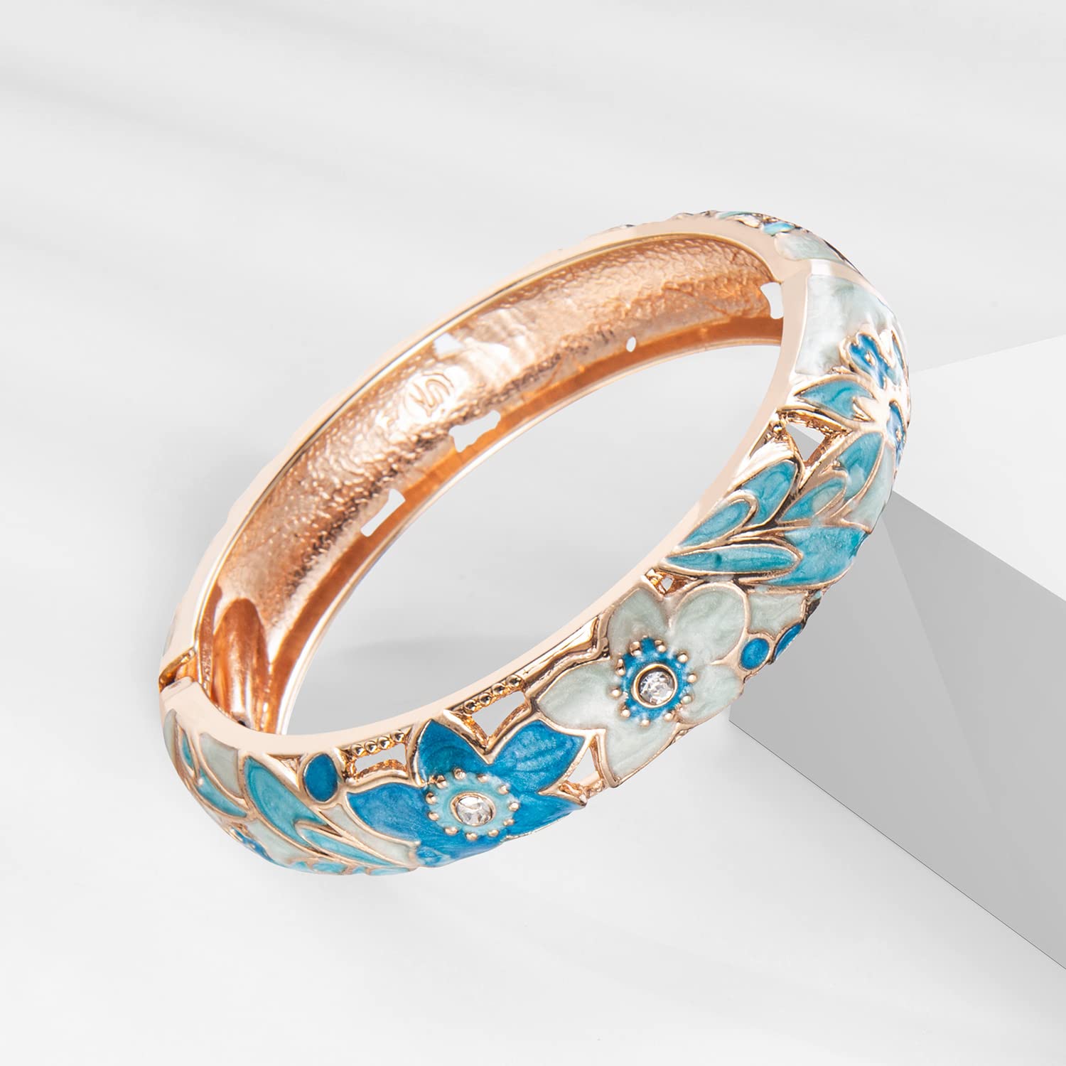 UJOY Fashion Cloisonne Bangle Jewelry Hollowed Rose Handmade Enamel Gifts Cuff Open Bracelet Bangles for Women Gilrs 88A11 3pcs-blue