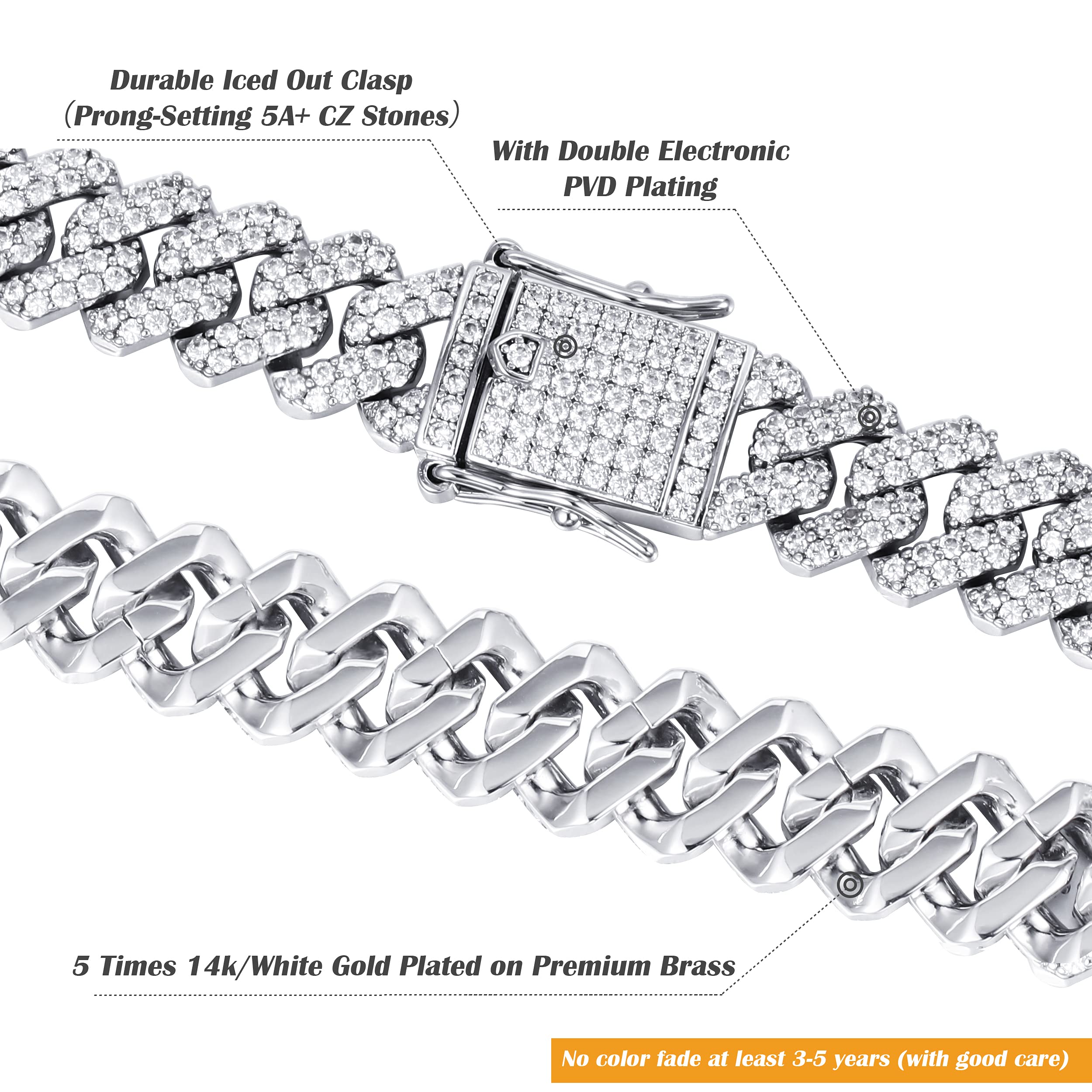 GOLD IDEA JEWELRY Hip Hop Heavy 14k Gold Plated /white gold Plated Full Iced Out Miami Cuban Link Chain Necklace / Bracelet 12MM (White Gold Plated, 20)