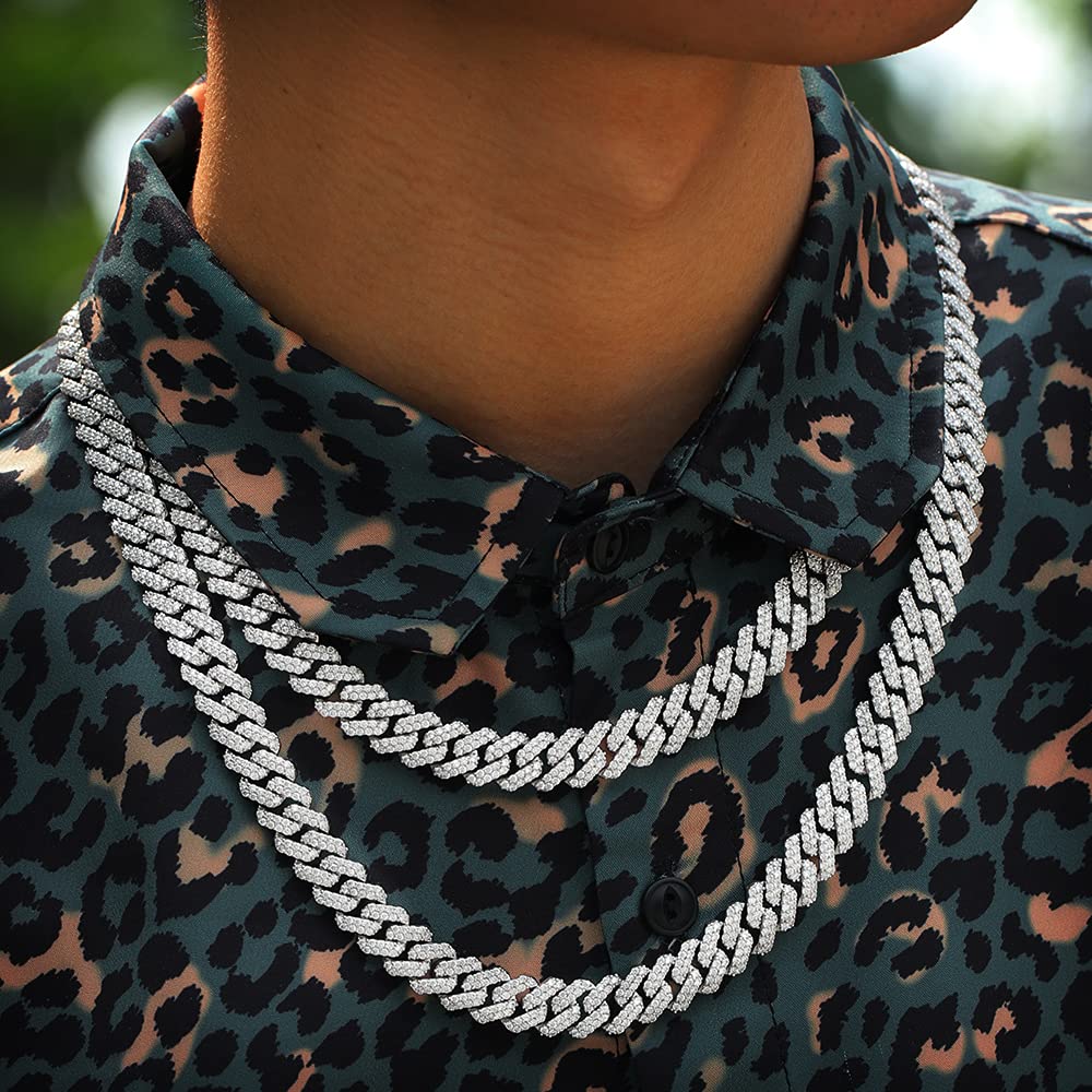 GOLD IDEA JEWELRY Hip Hop Heavy 14k Gold Plated /white gold Plated Full Iced Out Miami Cuban Link Chain Necklace / Bracelet 12MM (White Gold Plated, 20)