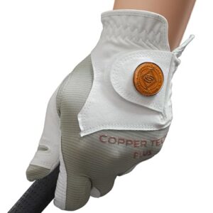 copper tech plus women's golf gloves with ball marker - ladies golf gloves with 100% aaa synthetic leather - wrist support & breathability - golf gloves left handed golfer (hand orientation: right)