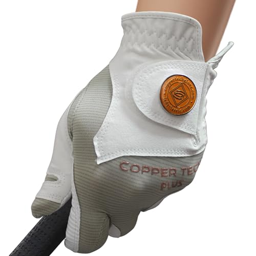 Copper Tech Plus Women's Golf Gloves with Ball Marker - Ladies Golf Gloves with 100% AAA Synthetic Leather - Wrist Support & Breathability - Golf Gloves Left Handed Golfer (Hand Orientation: Right)