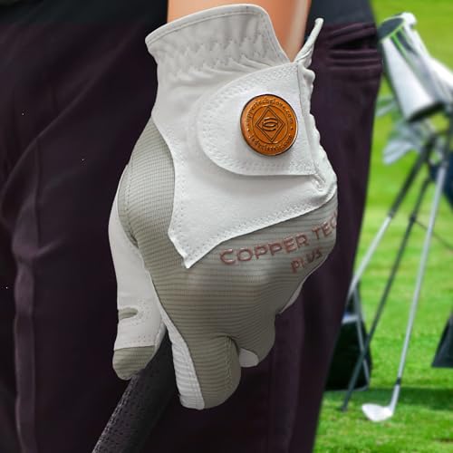 Copper Tech Plus Women's Golf Gloves with Ball Marker - Ladies Golf Gloves with 100% AAA Synthetic Leather - Wrist Support & Breathability - Golf Gloves Left Handed Golfer (Hand Orientation: Right)