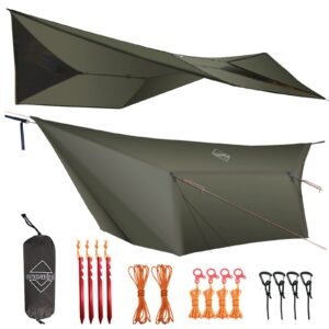 onewind 12ft hammock tarp, ultralight tarp silnylon hammock rain fly lightweight waterproof camping tent tarp with doors, easy to setup with stuff sack, tent stakes, od green