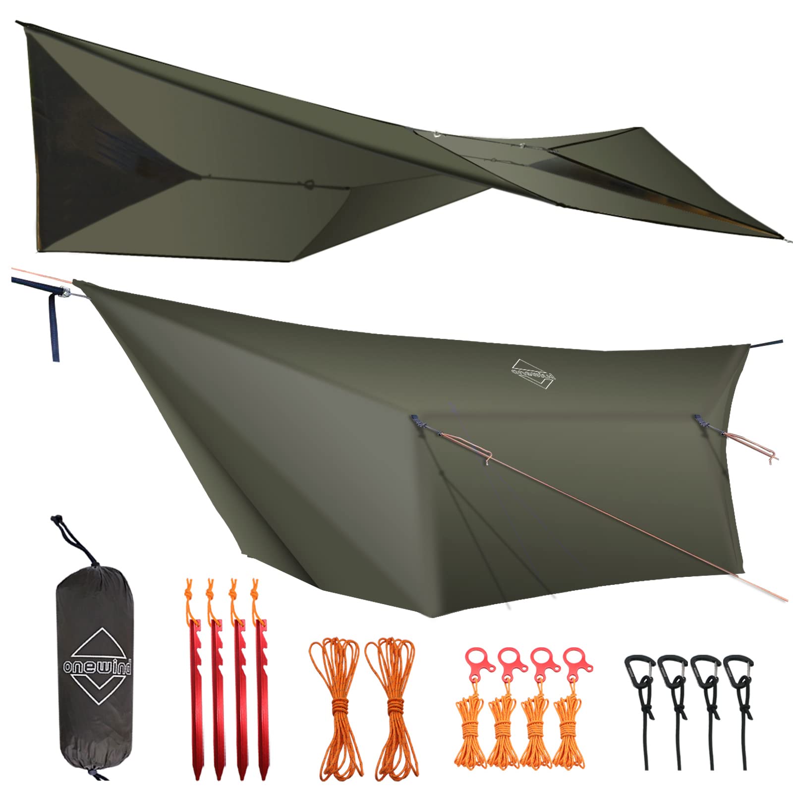 onewind 12ft Hammock Tarp, Ultralight Tarp Silnylon Hammock Rain Fly Lightweight Waterproof Camping Tent Tarp with Doors, Easy to Setup with Stuff Sack, Tent Stakes, OD Green