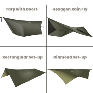 onewind 12ft Hammock Tarp, Ultralight Tarp Silnylon Hammock Rain Fly Lightweight Waterproof Camping Tent Tarp with Doors, Easy to Setup with Stuff Sack, Tent Stakes, OD Green