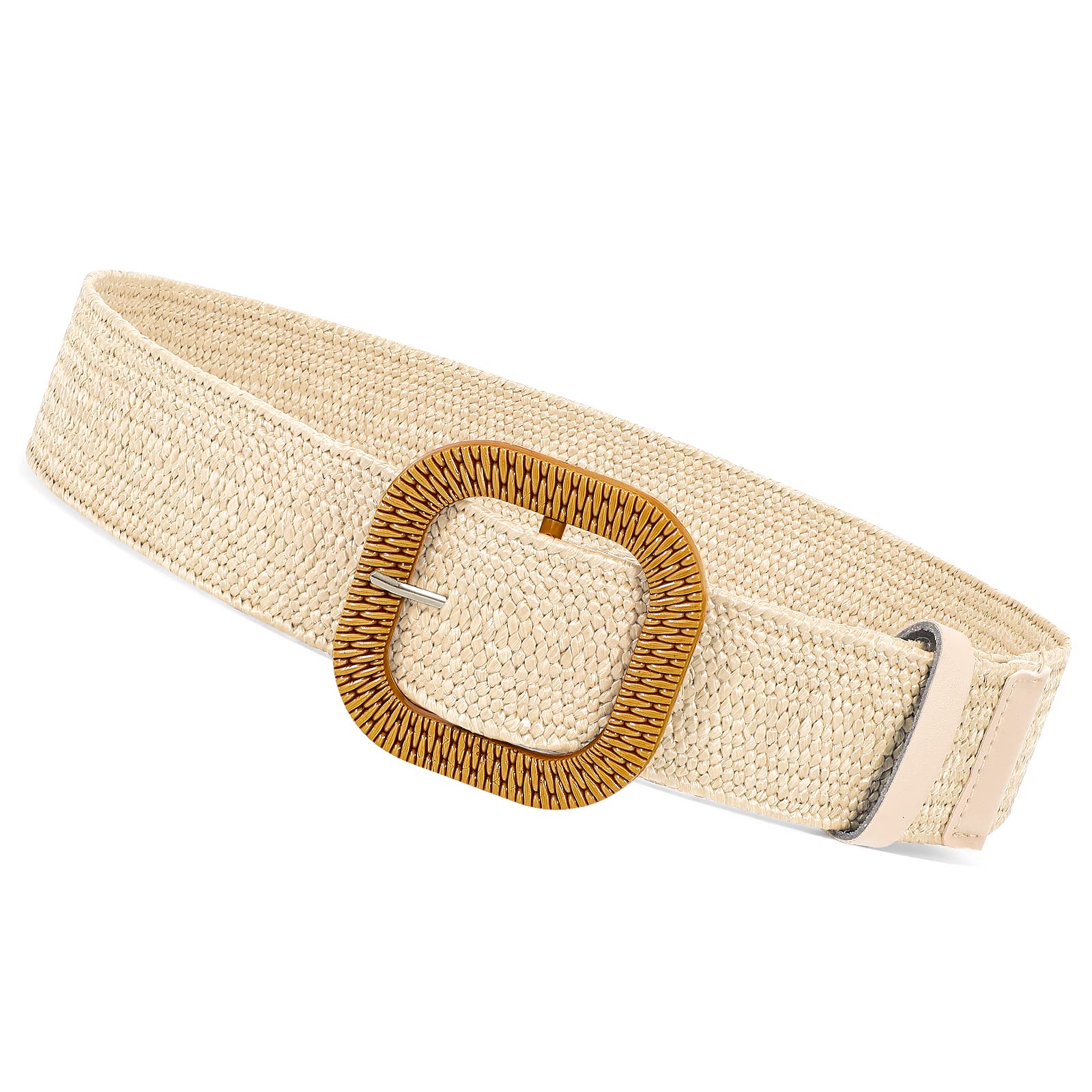 XZQTIVE Women Elastic Wide Belt - Fashion Summer Straw Imitate Woven Elastic Stretch Waist Band Boho Beach Dress Belts(1-Beige, Fit waist size below 34 inch)