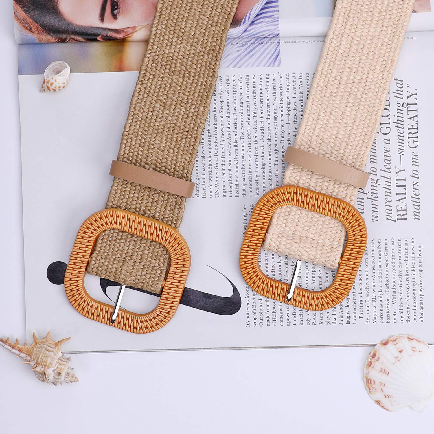 XZQTIVE Women Elastic Wide Belt - Fashion Summer Straw Imitate Woven Elastic Stretch Waist Band Boho Beach Dress Belts(1-Beige, Fit waist size below 34 inch)