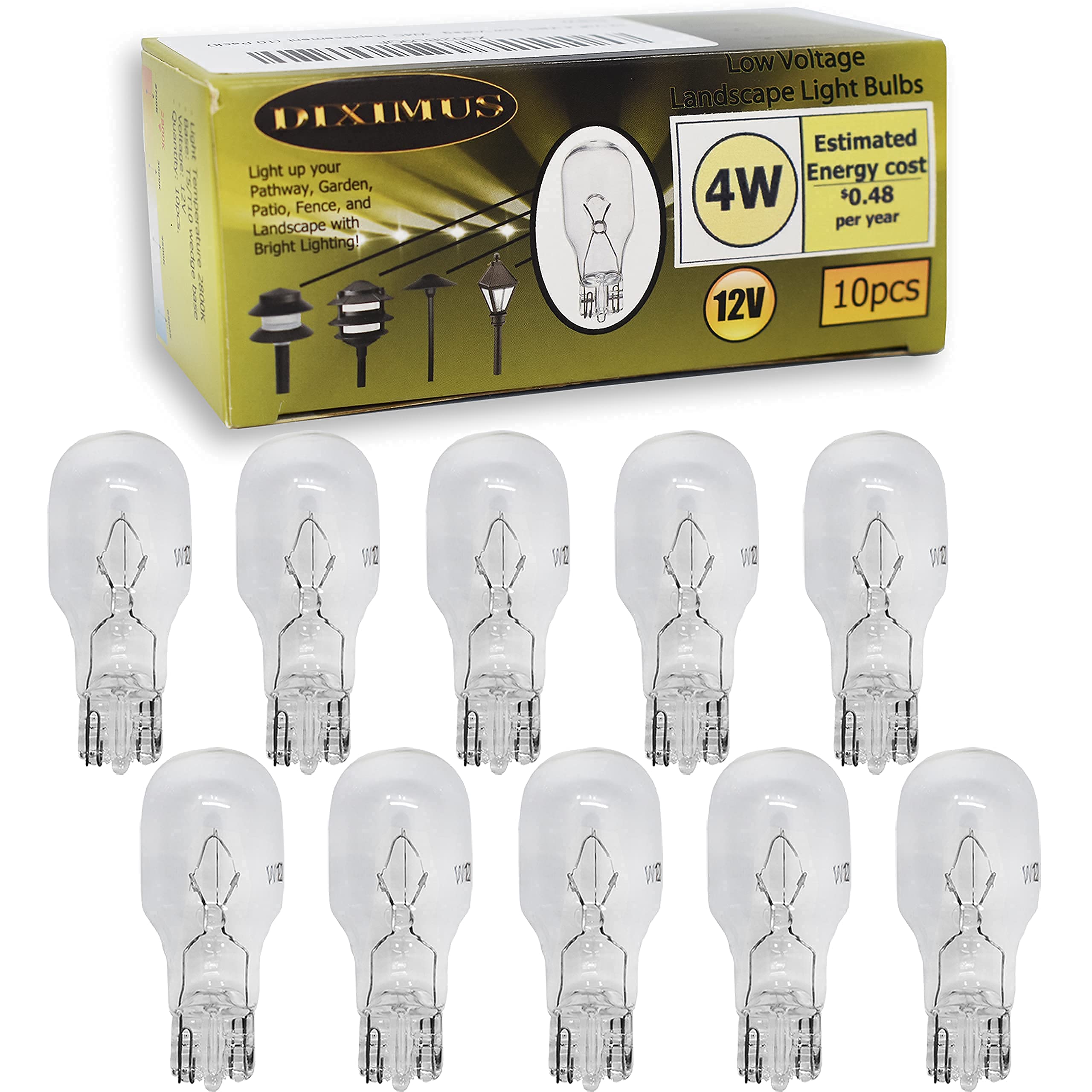 Diximus - Landscape Light Bulbs，Low Voltage Light Bulbs, T5 Malibu Bulbs 4W, Garden Light Bulbs 12V, Wedge Base, Landscape Bulbs 10 Pack