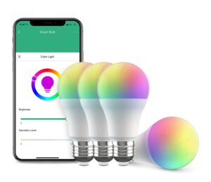 broadlink smart bulb, 10w rgb dimmable wi-fi led smart light bulbs color changing a19 800lm, works with alexa, google home, siri and ifttt, no hub required (4-pack)